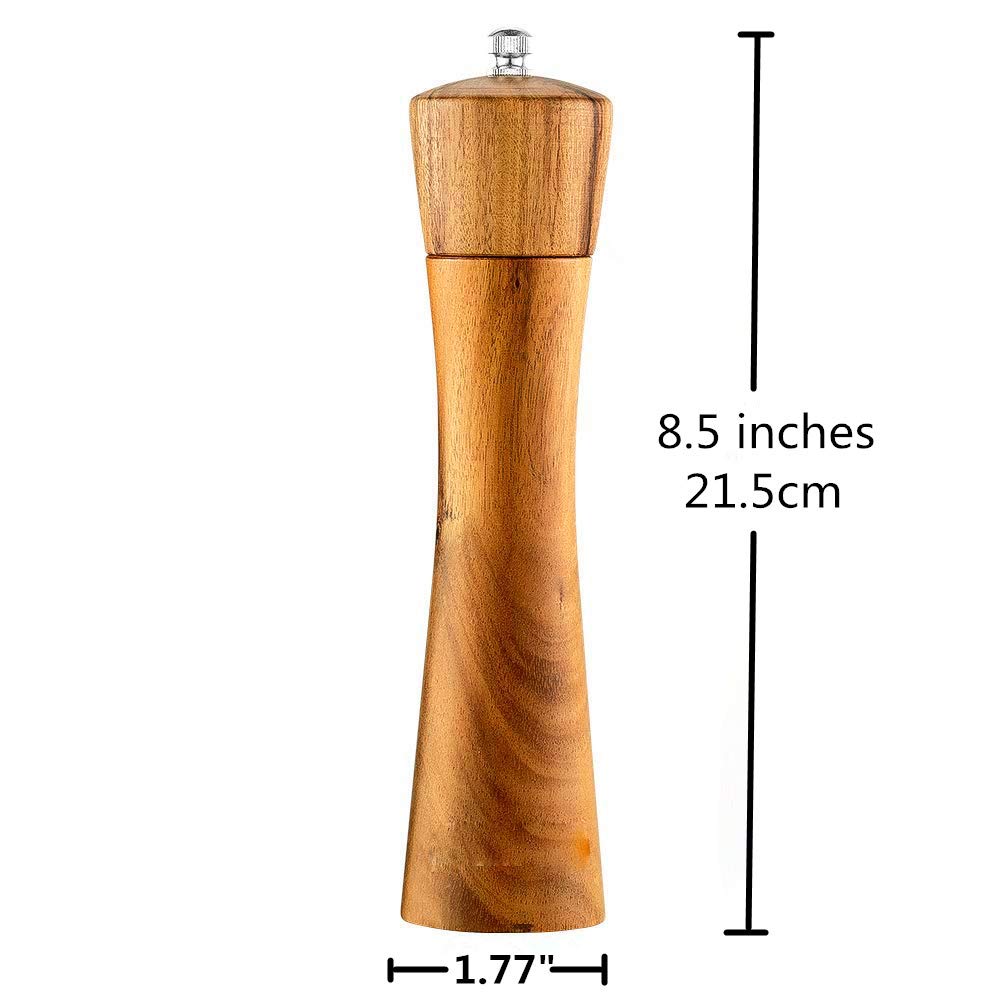 Wood Salt and Pepper Grinder Mill - Noryee Manual Wooden Salt Grinder Pepper Mill Shakers Refillable with Adjustable Coarseness Ceramic Rotor - 8.5 Inch (1 Pack)