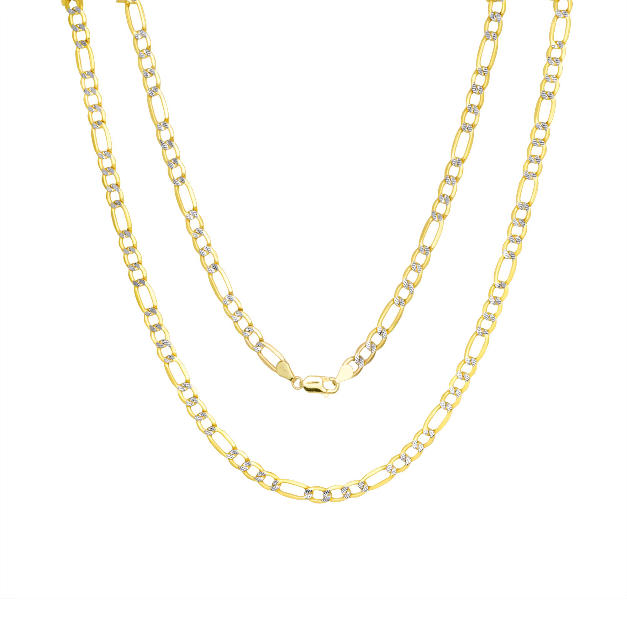 Nuragold 10k Yellow Gold 5.5mm Figaro Chain Link Diamond Cut Pave Two Tone Bracelet, Mens Womens Jewelry 7" 7.5" 8" 8.5" 9"