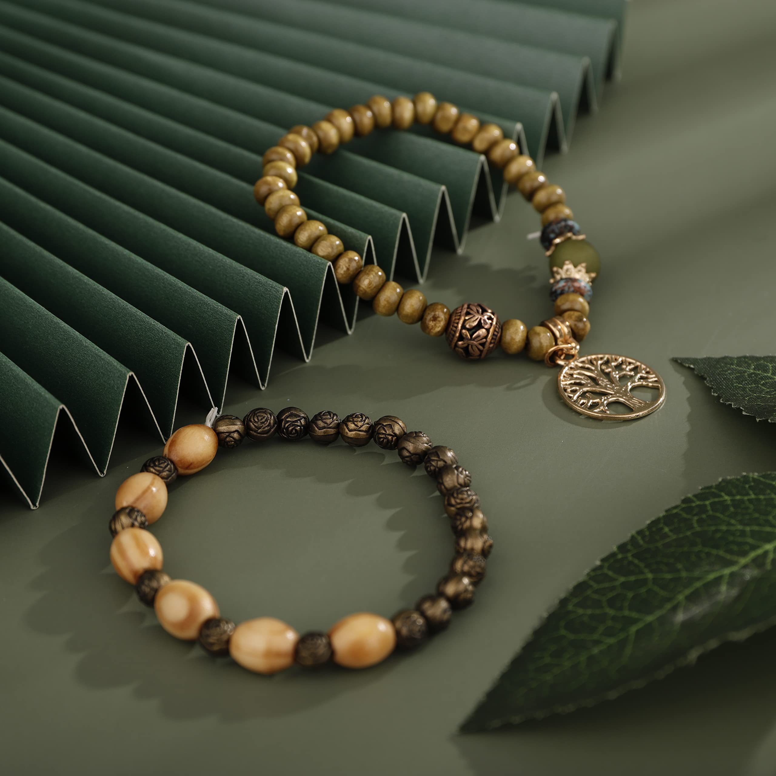 YERTTER 4pcs Bohemian Layered Beaded Tree of Life Pendant Tassel Stretch Stackable Strand Bracelet Beads bracelet Statement Gift for Women Girls(Dark Green)