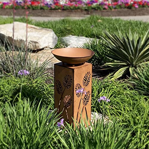 Westcharm Rustic LED Pillar Garden Statue with Planter Dish Bowl and Automatic Timer - Decorative Column Outdoor Statue with Leaves Motif for Home Yard Patio Outdoors Garden Decoration