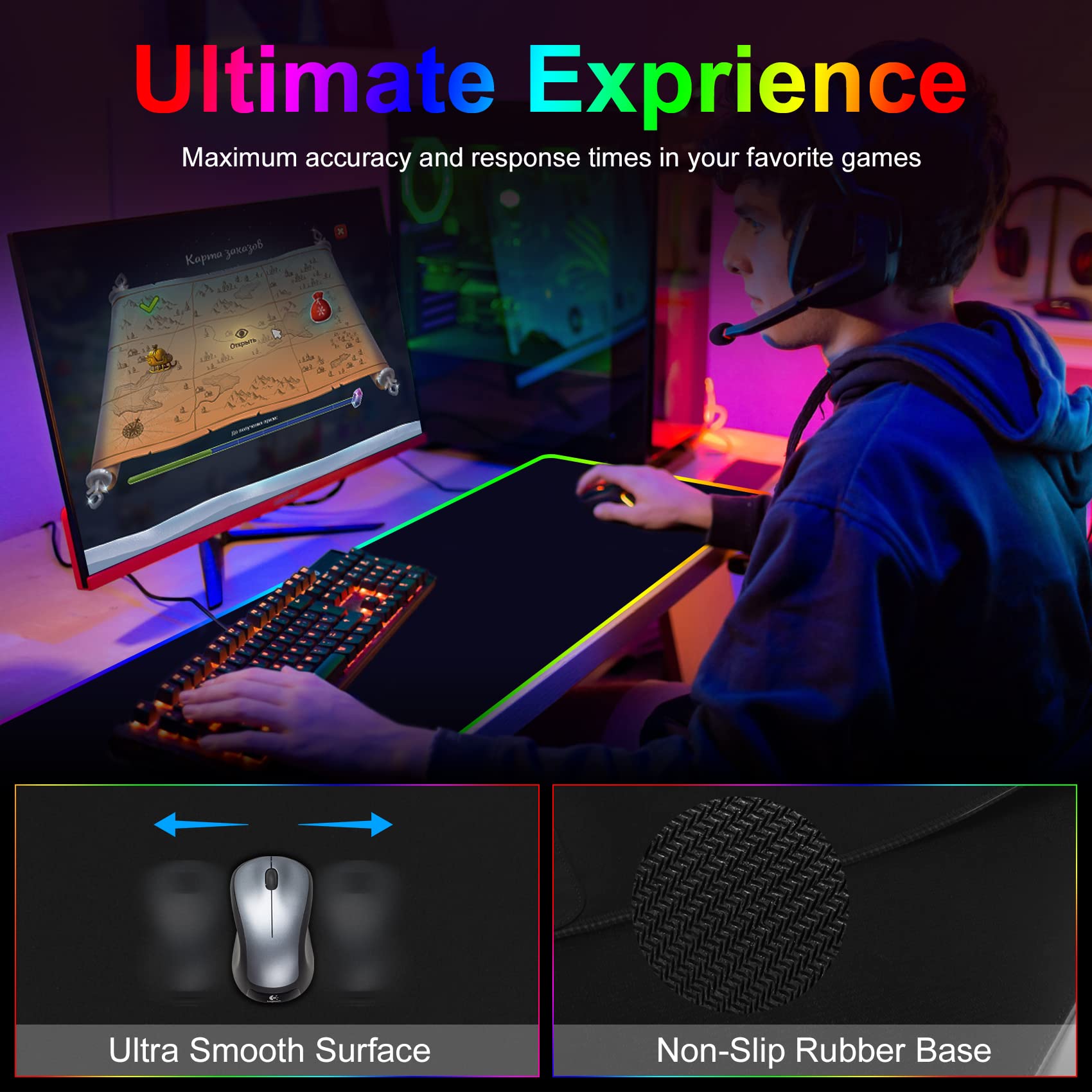 Wireless Charging RGB Gaming Mouse Pad, 31.5"x15.7" Large Desk Mat, Desk Pad with Wireless Charger, Non-Slip Rubber Base, Waterproof, Computer Keyboard Mat for Gamer, Office, Home, Black