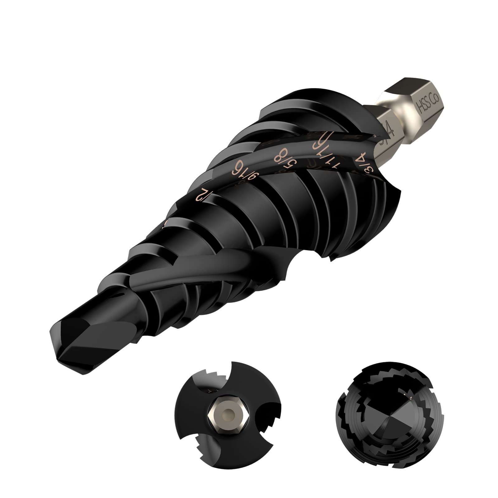 Zaamsoa M35 Step Drill Bit, 1/4”-3/4" Impact Ready Three Spiral Flute Unibit Step Bit, 1/4" Hex Shank Co Drill Bit for Metal, Wood, Multiple Hole Drilling Cone Drill Bit Drill Bits