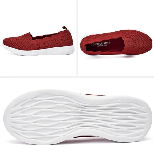 Puxowe Women's Casual Slip on Walking Flat Shoes-Lightweight Low-Top Knit Loafer Sneaker Red Size 8 US