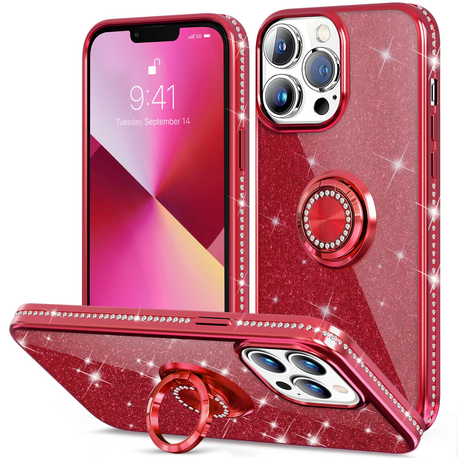 Thomo Compatible with iPhone 12 Pro Max Case,[Bling Kickstand] Cute Glitter Slim Full-Body Protective Bumper Phone Cases for iPhone 12 Pro Max Women Girls-WineRed