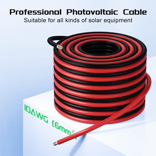 Solar Panel Wire 50Ft Black and 50Ft Red Kit, Bateria Power Solar Panel Extension Cable 10AWG (6mm²) Tinned Copper Wire for Outdoor Automotive RV Boat Marine Solar Panel (Black+Red)
