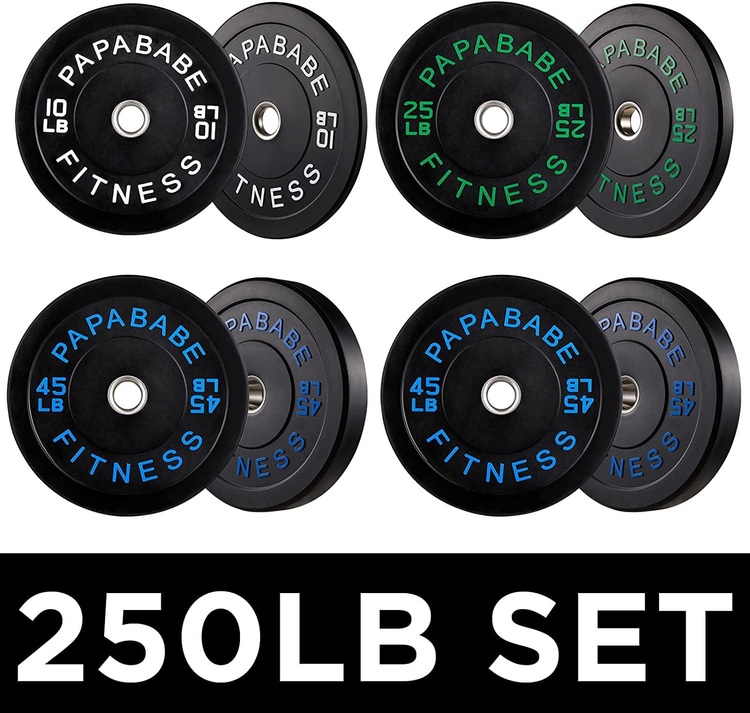 papababe 2 Inch Bumper Plates Set with 7-Foot Olympic Barbell, Color Coded Rubber Weight Plates with Steel Insert, Chrome Bar for Weightlifting Powerlifting (250LB + Bar)