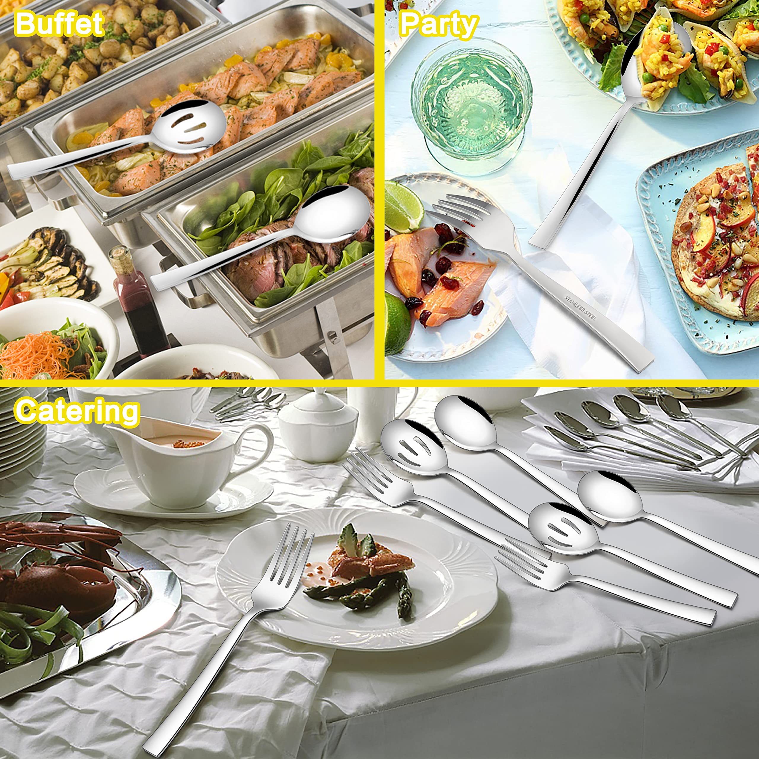 Square Serving Utensils Set of 6, E-far Stainless Steel 8.7 Inch Hostess Serving Set, Metal Serving Spoon Slotted Spoons Forks for Party Buffet Catering, Mirror Finished & Dishwasher Safe