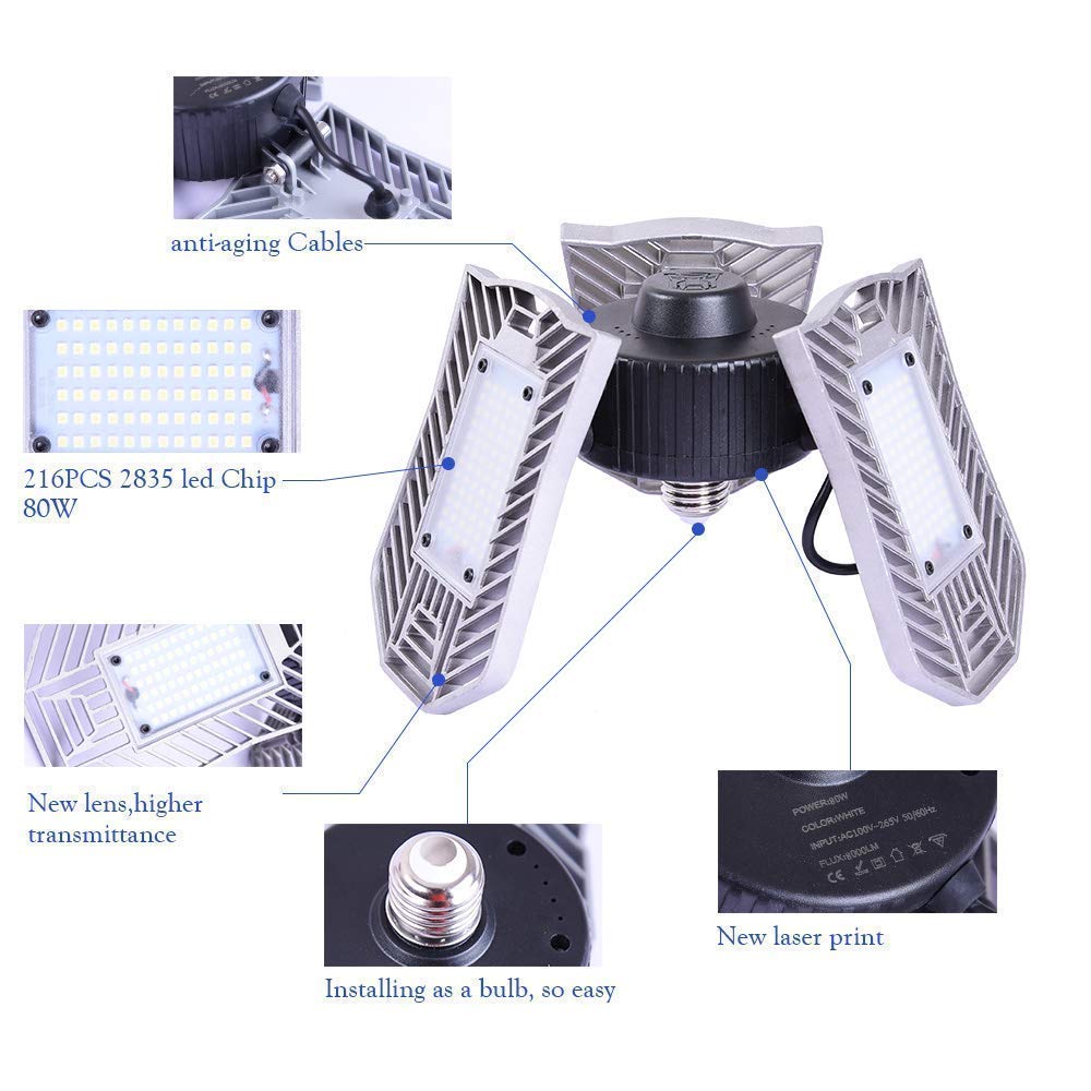 nathome led Garage Lights,216 LED Eqv 200w,Aluminium lamp,E26 Garage Lighting,deformable Leaf Garage Light,Indoor use for Led Shop Lights,Workshop Light(Eqv 200w Plastic Lamp)