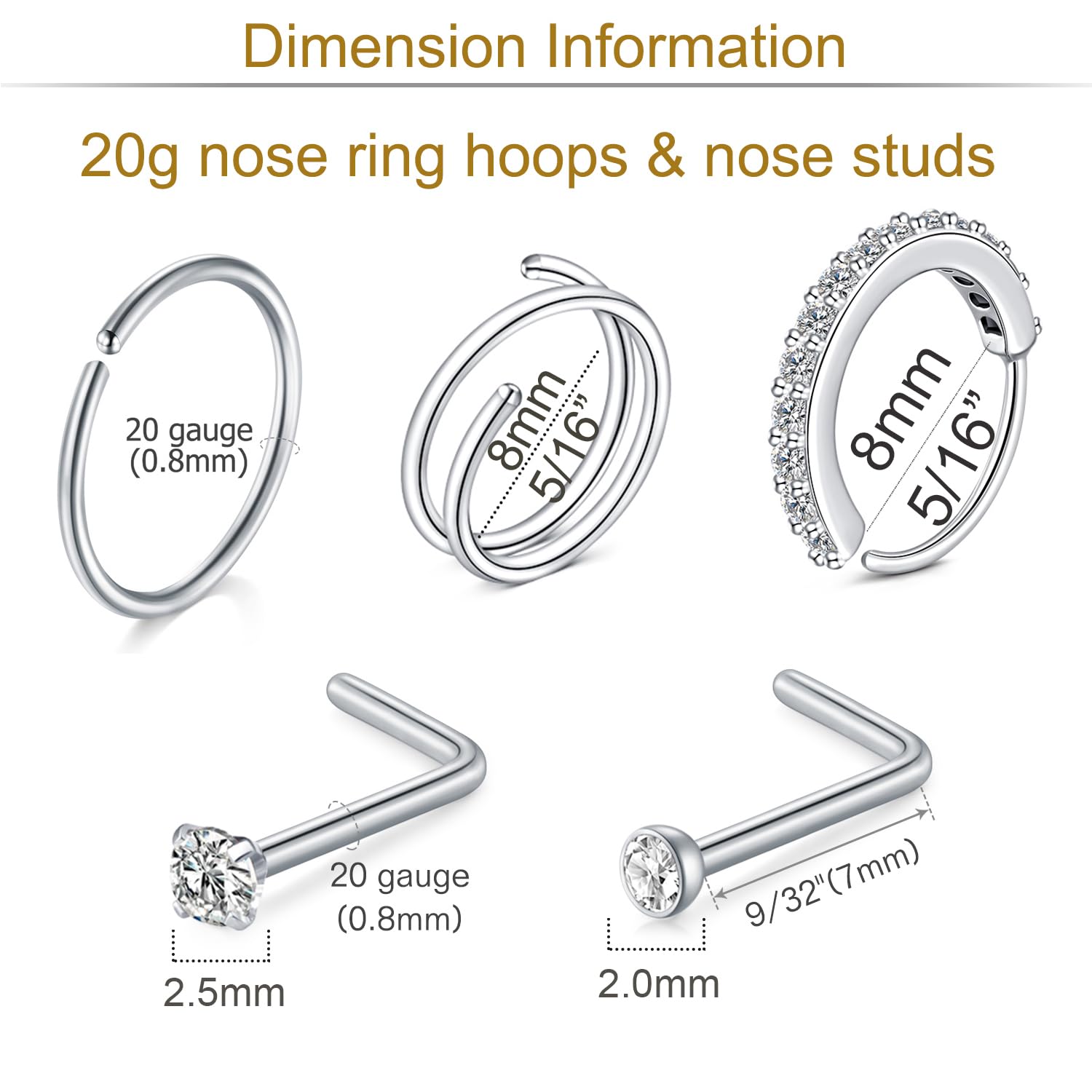 MODRSA 22g Nose Rings Hoop L-Shaped Nose Rings Studs Screw Stainless Steel CZ Top 18pcs Nose Piercing set