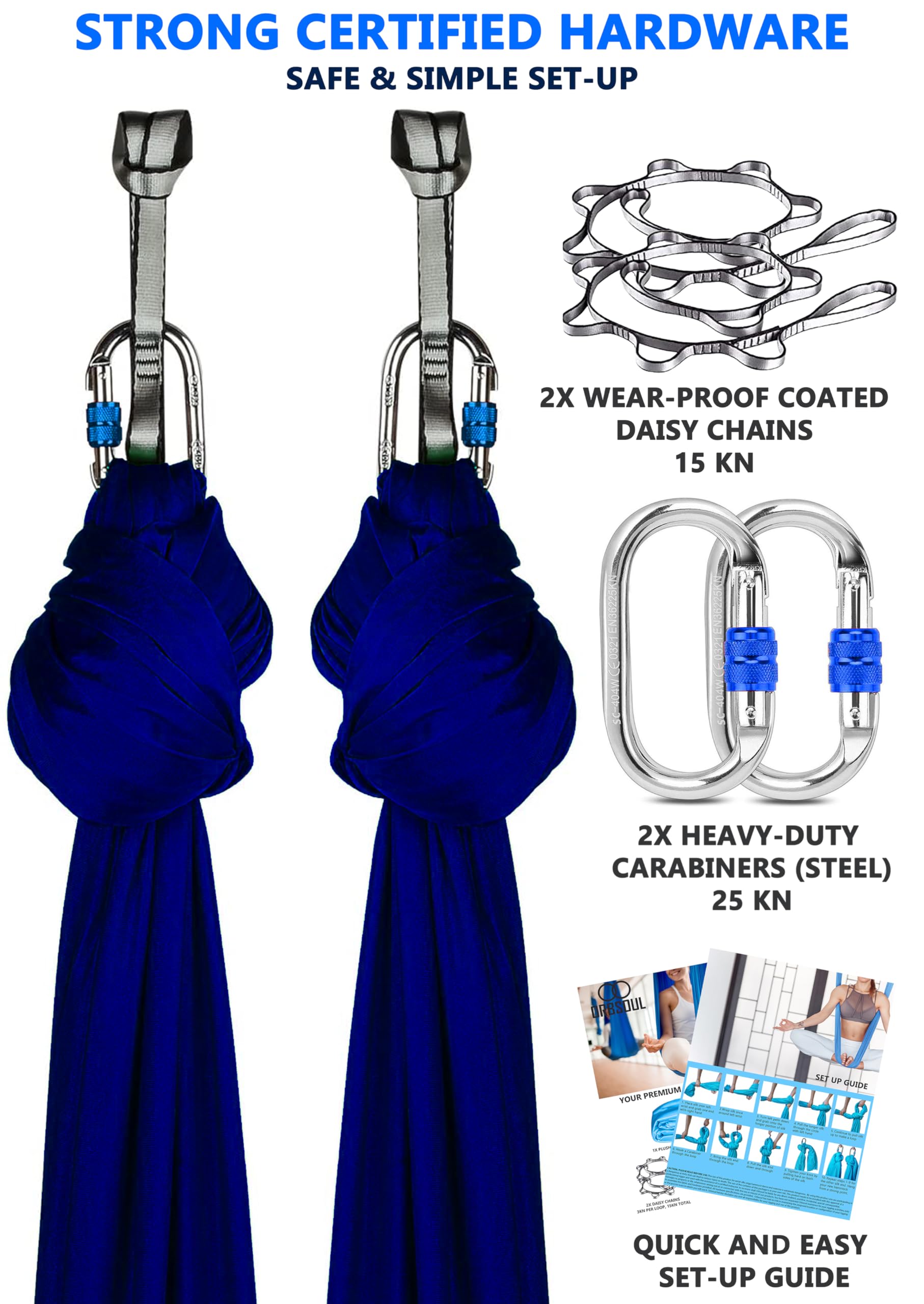 Orbsoul Deluxe Yoga Hammock (Grand Size 5.5 Yards) Includes Premium Aerial Nylon Silks, Certified Rigging Hardware & Easy Set-Up Guide
