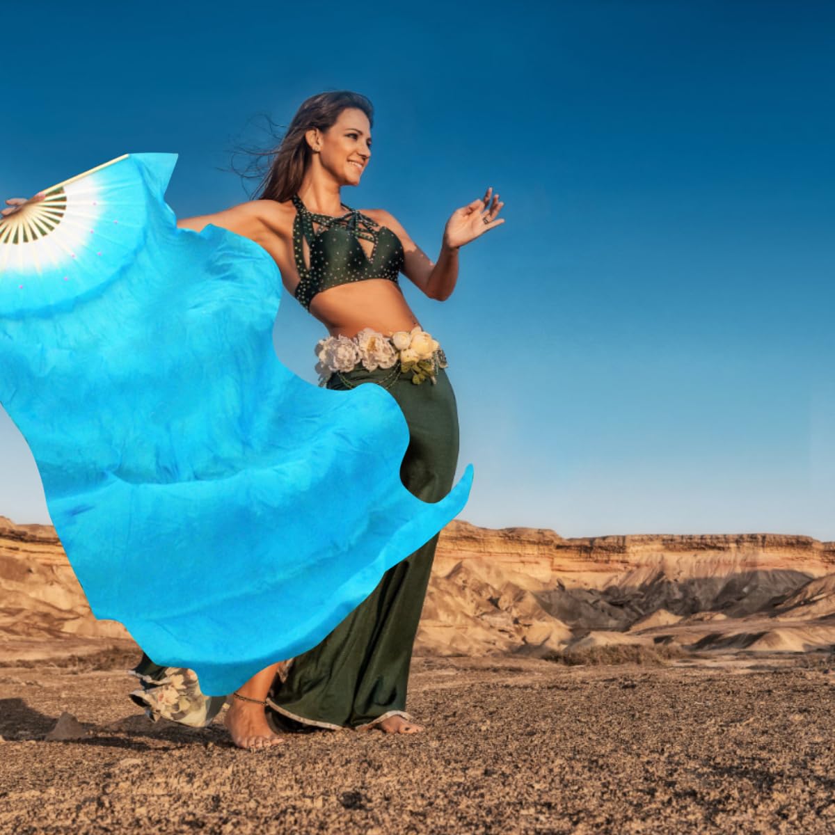 WEISIPU Hand-Made Faux Silk Belly Dance Fan Veils - Bamboo Long Fans Veils Available in 8 Stunning Colors for Dance Performances Right Hand (Blue)