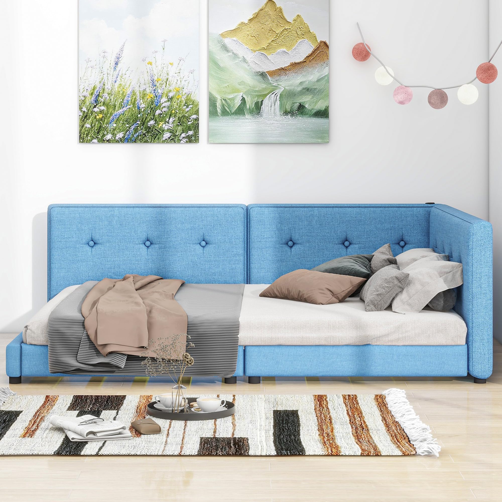 Modern Upholstered Queen Size Platform Bed with USB Ports, Linen Wooden Daybed/Sofa Bed/Low Floor Bed Frame with Backrests for Boys Girls Teens Adults, No Box Spring Needed