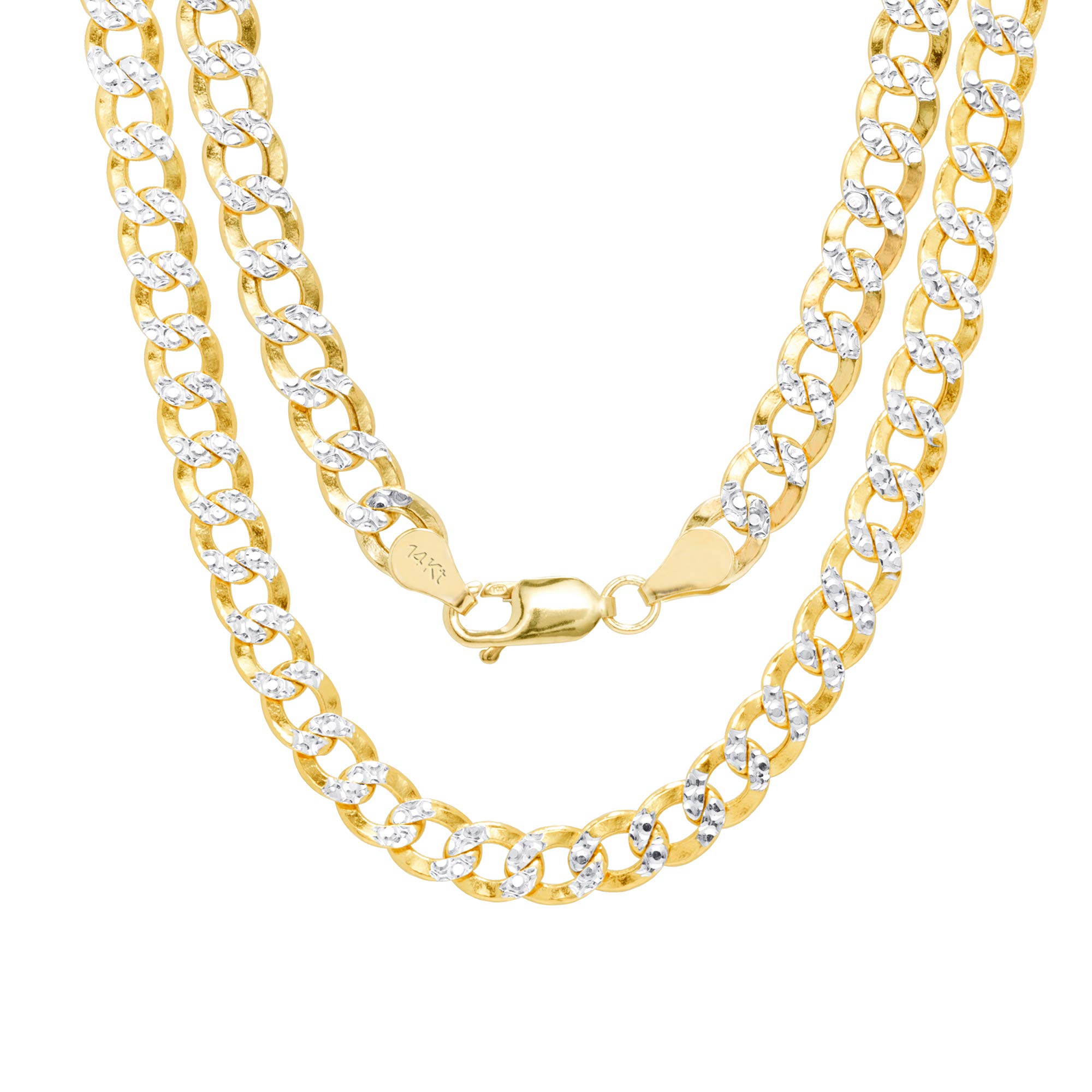 Nuragold 14k Yellow Gold 7mm Cuban Chain Curb Link Diamond Cut Pave Two Tone Bracelet, Mens Womens Jewelry 7" 7.5" 8" 8.5" 9"