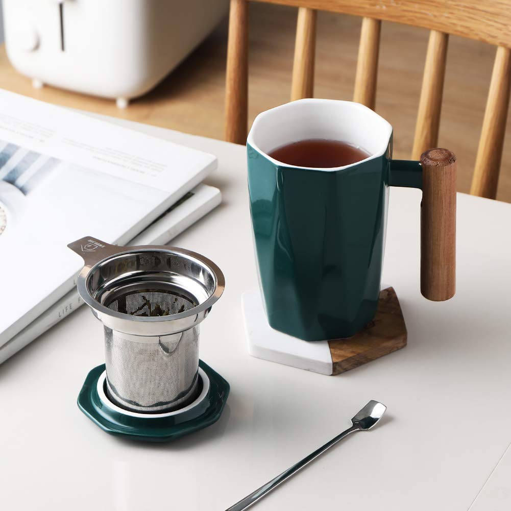Sweejar Porcelain Tea Mug with Infuser and Lid, Wooden Handle, 17 Ounce, Geometric Shape Tea Cup for Steeping, Tea Lover, Gift, Home, Office (Jade)