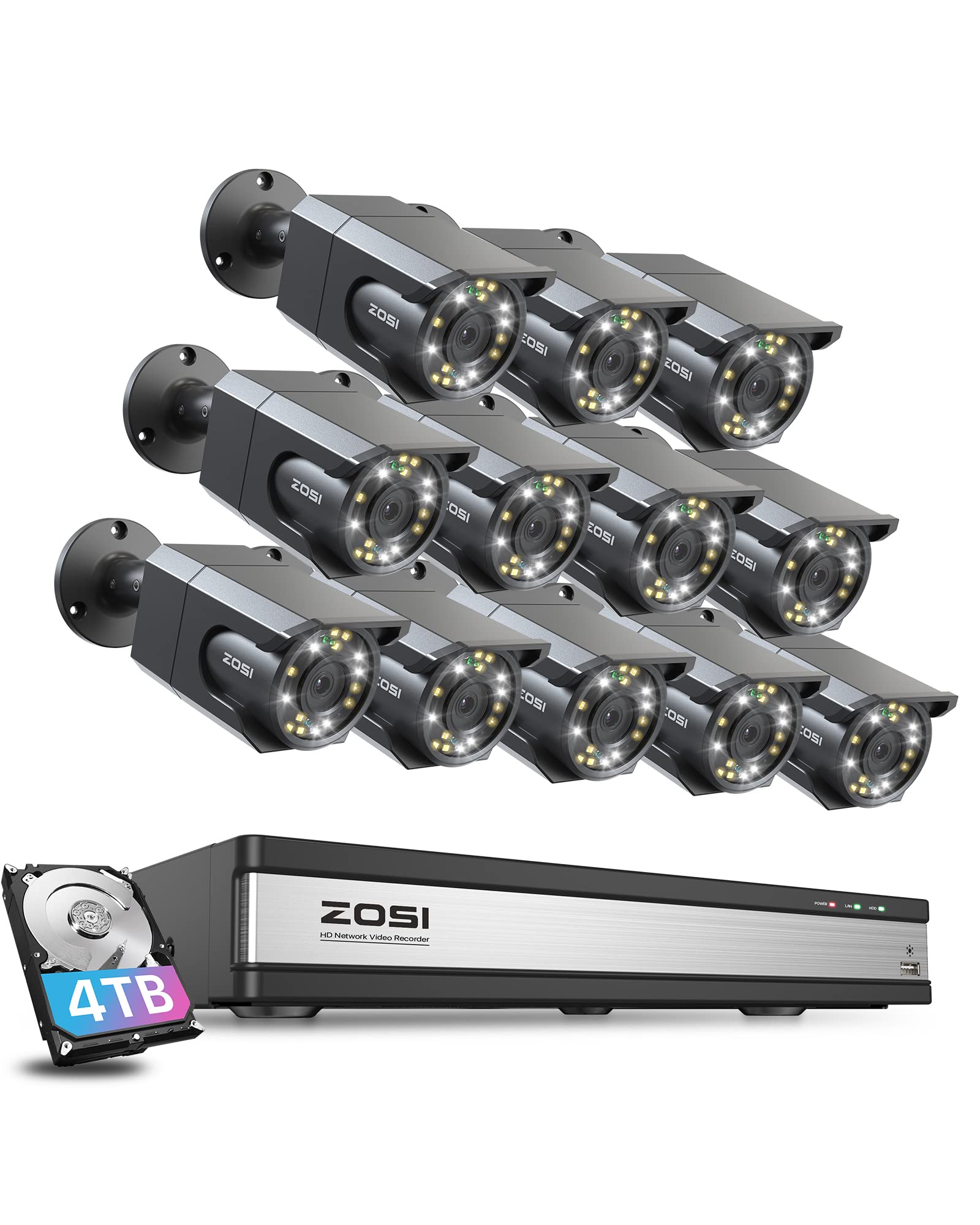 ZOSI 2Pack 4K 8MP Security PoE IP Camera Bullet Outdoor Indoor with Audio, Starlight Color Night Vision, Human Detection, Smart Light Alert, IP66 Weatherproof (Only Work with ZOSI 4K POE NVR)
