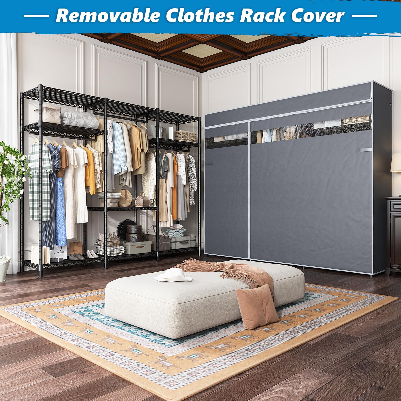 Raybee Heavy Duty Clothes Rack with Cover Loads 795 LBS Clothing Racks for Hanging Clothes Portable Closet Metal Clothes Racks for Hanging Clothes Wire Garment Rack 56" W* 16" D*75.5" H