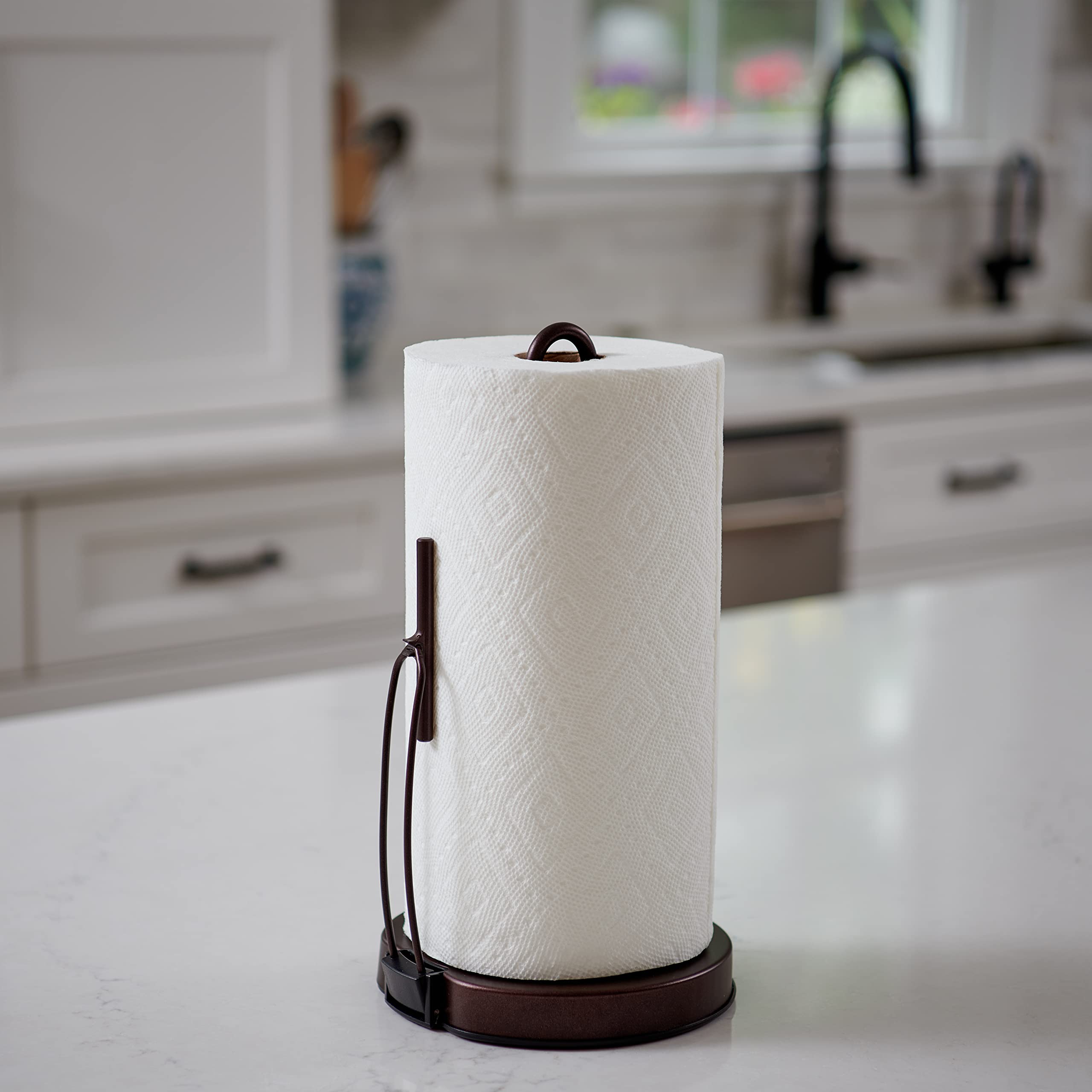 Spectrum Diversified Euro Tension Paper Towel Holder (Bronze) - Storage Organization for Kitchen Counter, Pantry, Laundry, Apartment, RV, and Bathroom