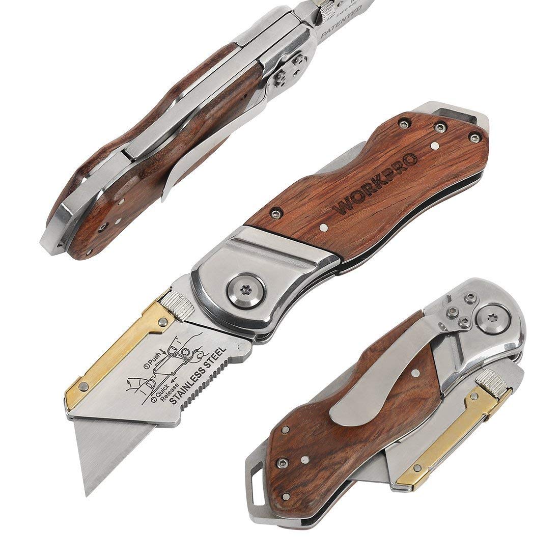 WORKPRO Utility Knife Blades Dispenser SK5 Steel 100-pack and WORKPRO Wood Handle Folding Utility Knife