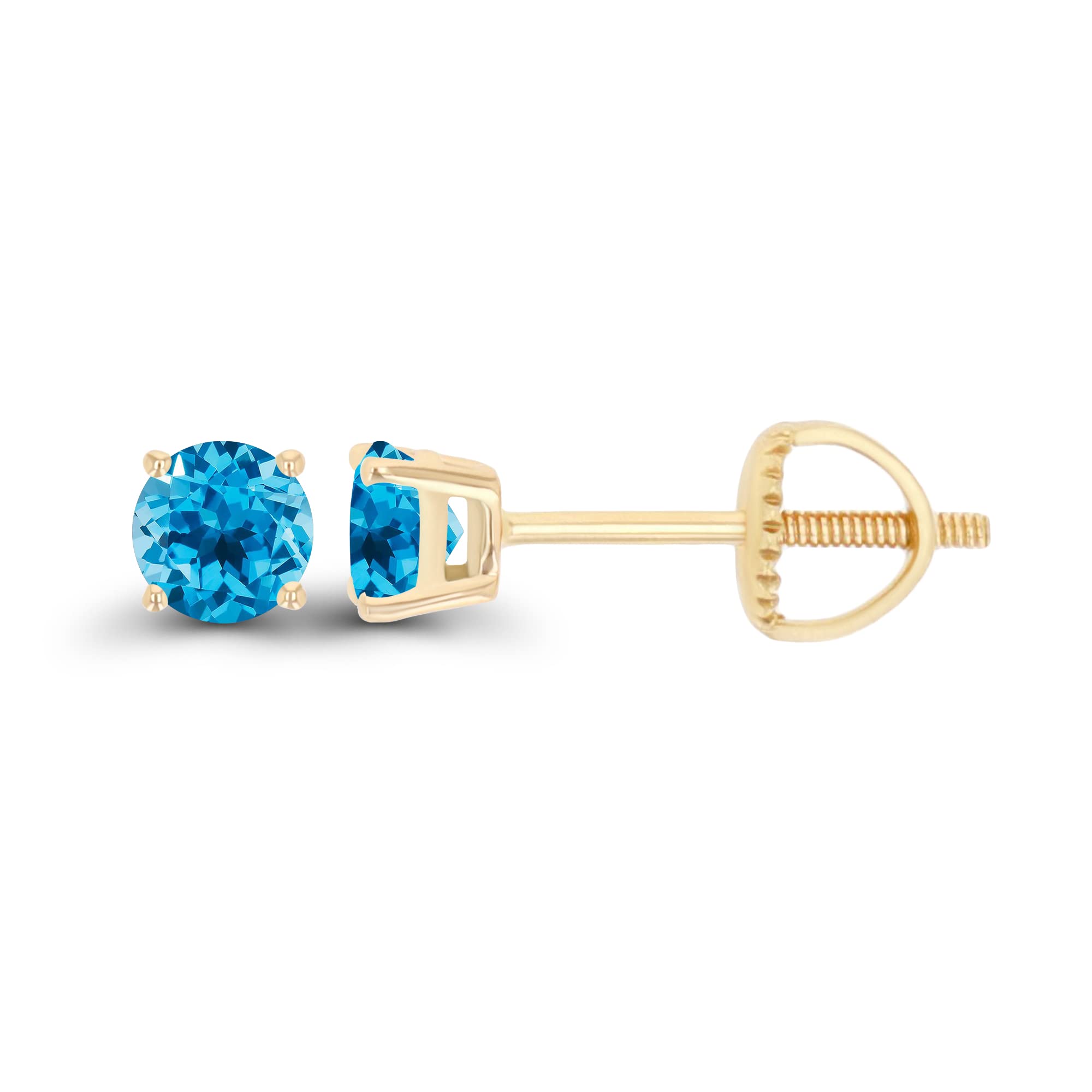 Solid 14K Yellow Gold 4mm Round Natural Swiss Blue Topaz December Birthstone Screwback Stud Earrings
