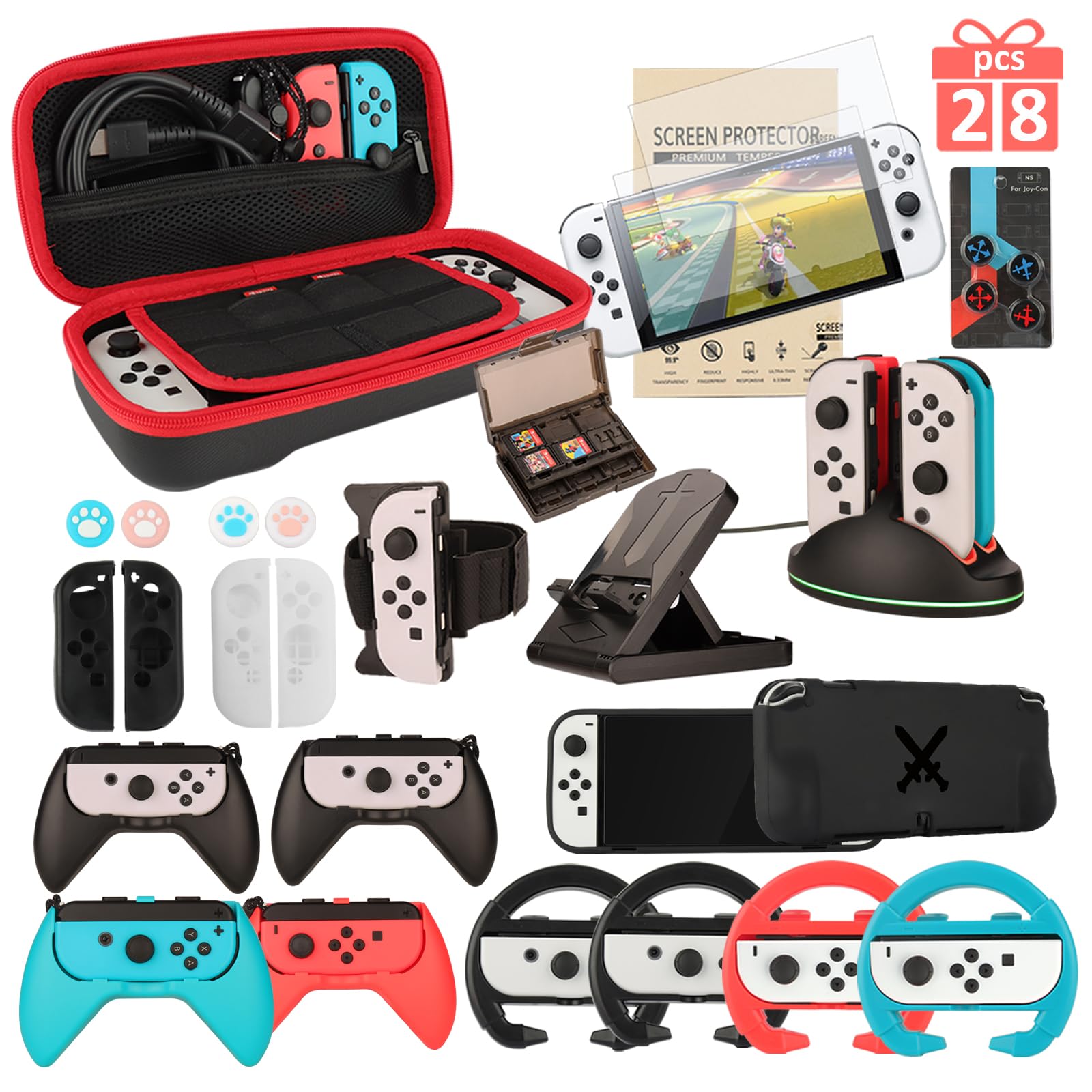 Switch Accessories OLED - Family Bundle Kit for Nintendo Switch OLED Console Users,28 in 1 Case and Screen Protector,Chargers Joy Con Grips Wheels and All Fun Accessories