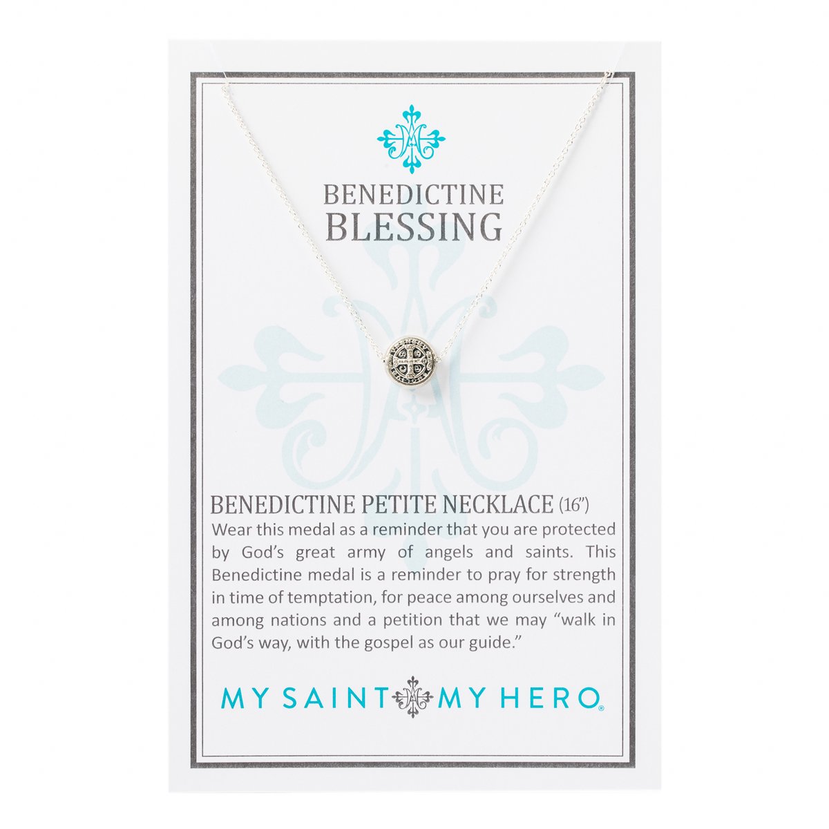 My Saint My Hero Benedictine Petite Necklace - Silver tone, includes floating silver Benedictine Medal of Protection
