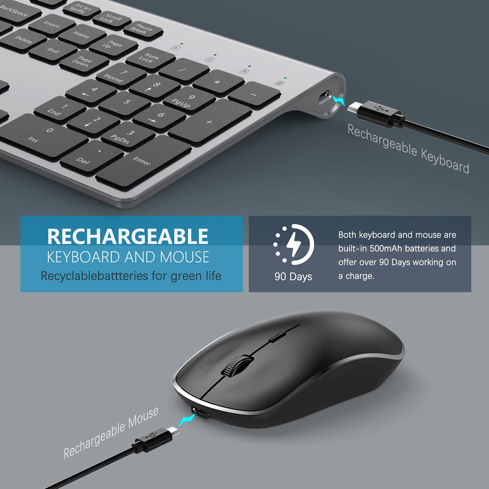Wireless Keyboard and Mouse, Rechargeable and Full Size Wireless Keyboard Mouse Combo,Ergonomic Slim Keyboard for Laptop,PC,Desktop,Computer,Windows (Wine Red)