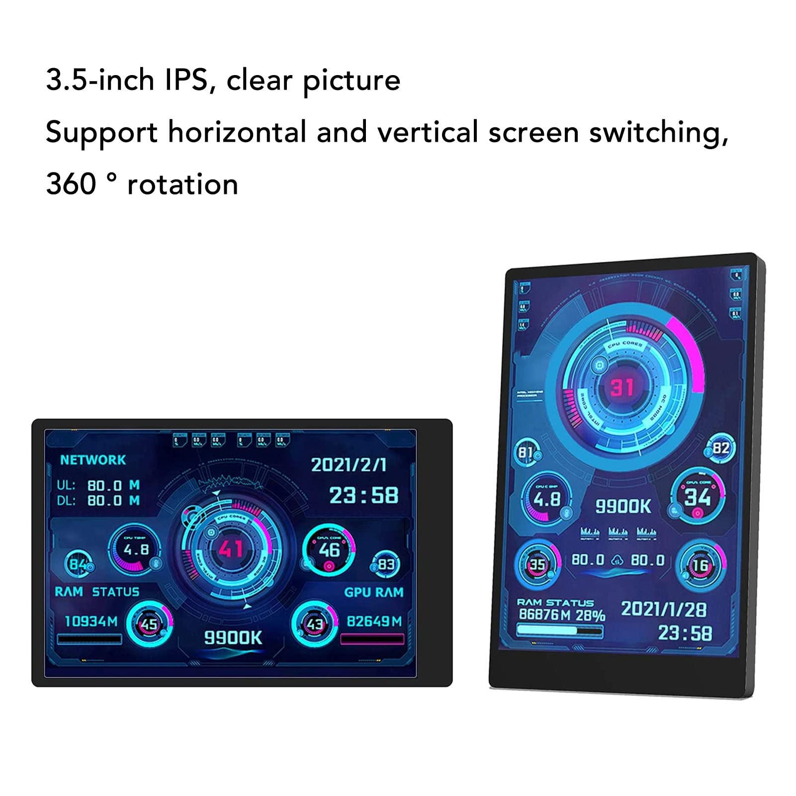 Zunate 3.5 inch Small Mini Monitor, Screen Extender with Adjustable Brightness, 360 Degree Rotation IPS 320x480 Screen Portable PC Temperature Monitor for PC ARGB Computer Case