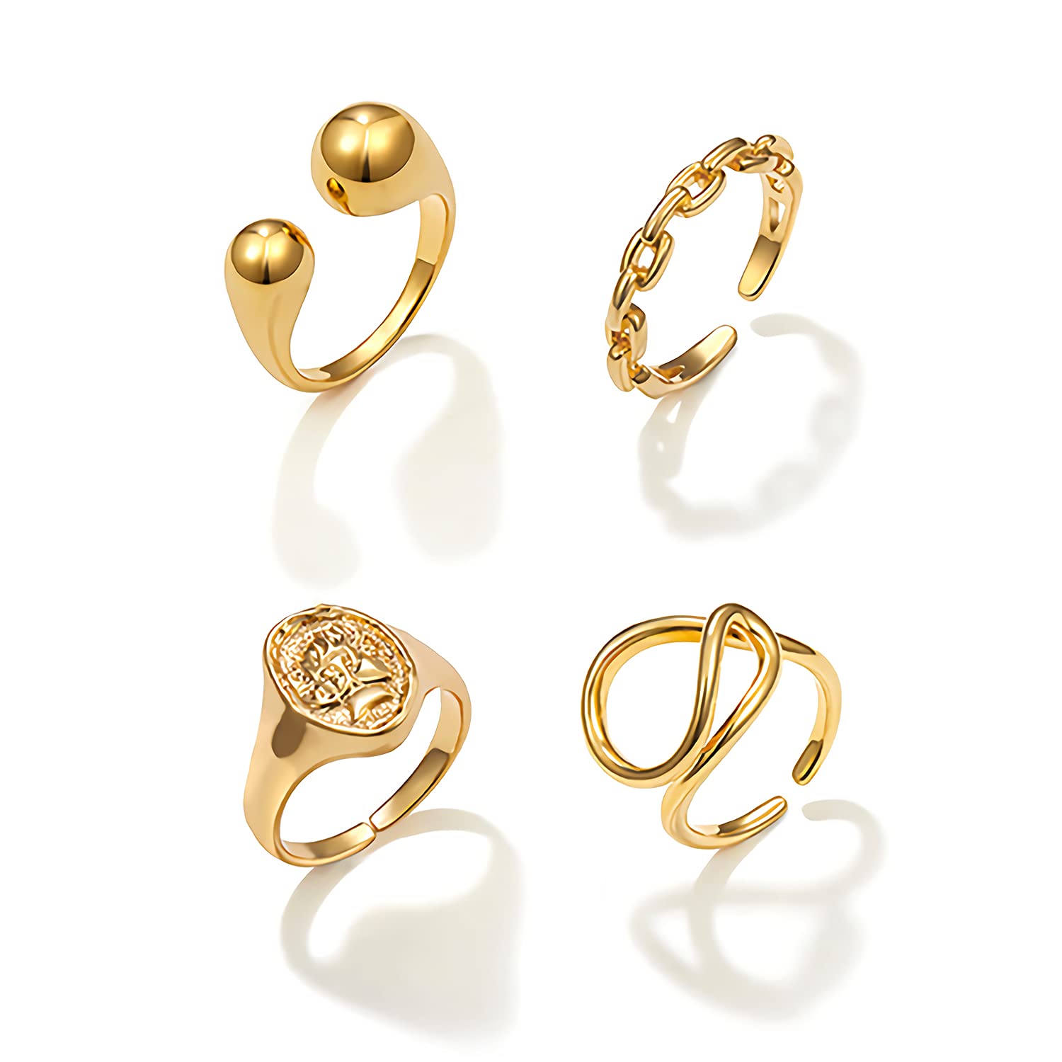 SLOONG 4 Pcs Chunky Chain Rings Set Open Ring 14k Gold Plated Ring Braided Twisted Signet Ring Stacking Band Ring Trendy Minimalist Statement Jewelry for Women Men Adjustable