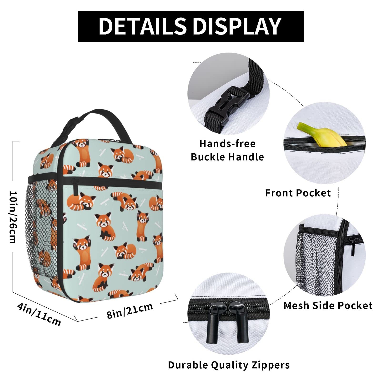 tiehrpr Cute Red Panda Reusable Insulated Lunch Box Cooler Tote Bag Unisex Handle Lunchbox For Office/Hiking/Camping/Picnic/Beach