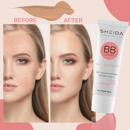 SHEIDA BB CREAM 50 ML, SPF 30 UVA+UVB Protected skin perfector, Multi-Function BB Cream & Mineral Sunscreen, Orange peel extract with vitamin E&C moisturizes, Flawless Coverage, Repairs Lines and Wrinkles