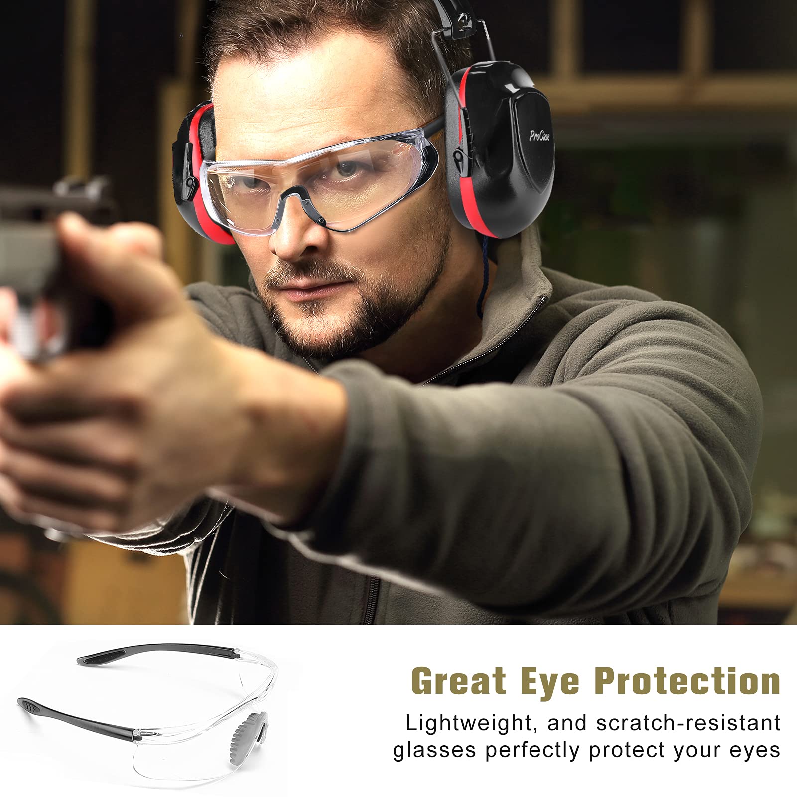 ProCase Shooting Ear Protection Earmuffs, Gun Safety Glasses and Soft Earplugs, Shooting Range Accessories with Protective Case, Gun Range Ear and Eye Protection Kit, Shooting Safety Equipment –Red
