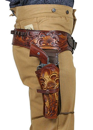 New 38/357 Cal Tooled Bicolor Holster Gun Belt Drop Loop Leather Western RIG SASS 34"-52 (46)