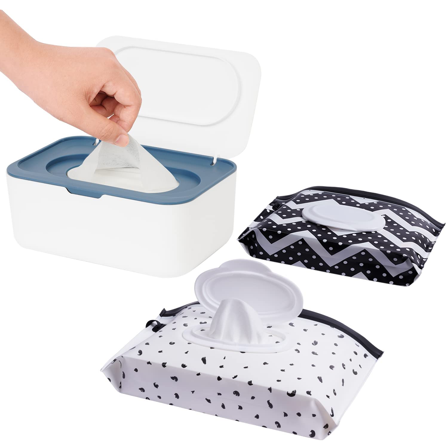 Wipes Dispenser with 2 Portable Wipe Cases, Wipe Holder for Baby & Adult, Seposeve Refillable Wipe Container, Keeps Wipes Fresh, One-Handed Operation. Easy Open/Close Wipes Pouch Case, (Light Blue)