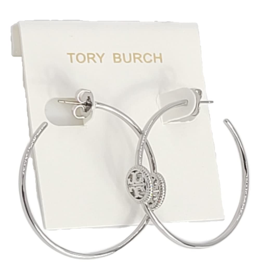 Tory Burch 137720 Rope Logo Silver Tone Women's Hoops Earrings