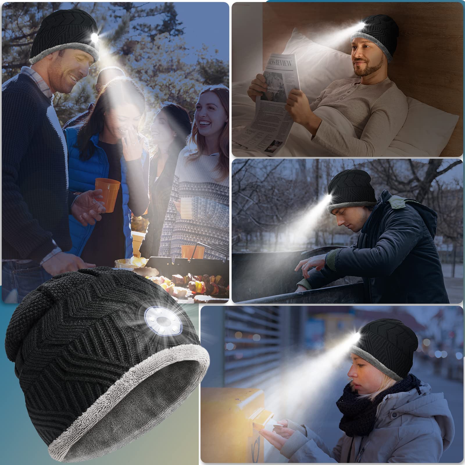 Rechargeable LED Beanie Hat with Headlamp - Winter Running Camping Gifts for Men Women Kids