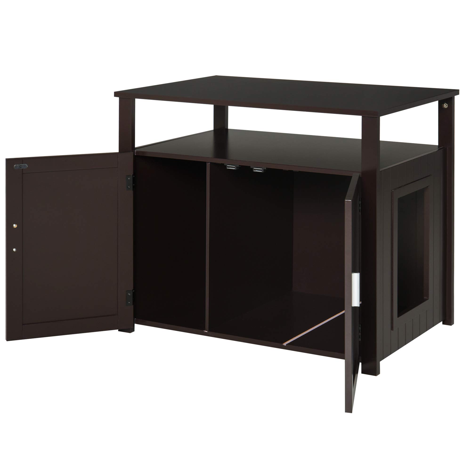 PawHut Wooden Cat Litter Box Enclosure Furniture with Adjustable Partition, Cat Washroom End Table with Open Shelf, Brown