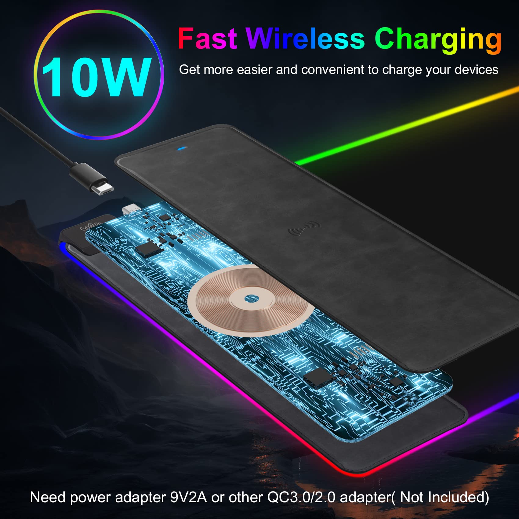 Wireless Charging RGB Gaming Mouse Pad, 31.5"x15.7" Large Desk Mat, Desk Pad with Wireless Charger, Non-Slip Rubber Base, Waterproof, Computer Keyboard Mat for Gamer, Office, Home, Black