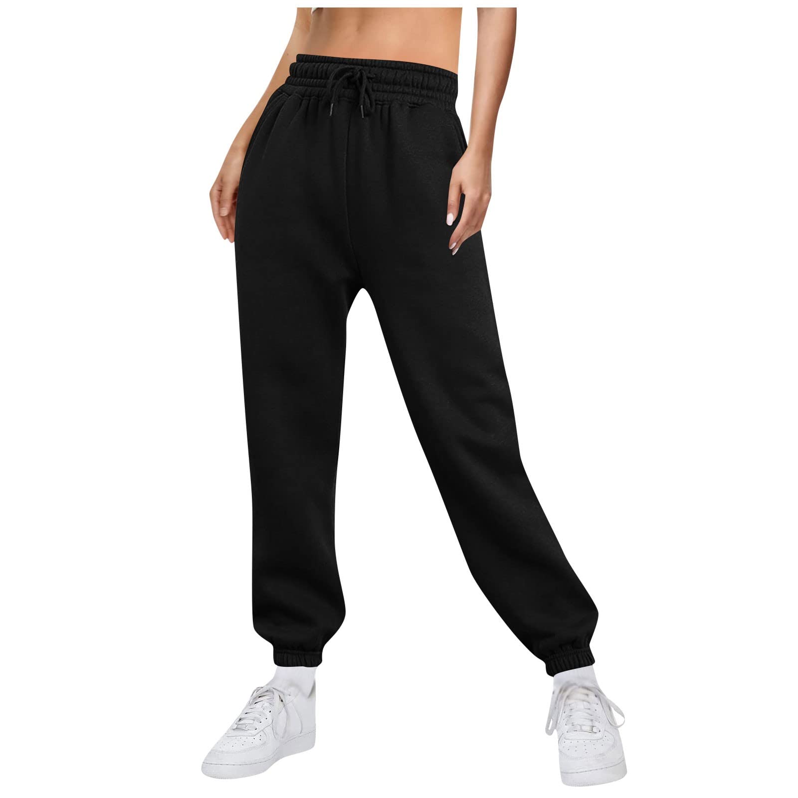 Womens Sweatpants High Waisted Sporty Gym Active Jogger Pants Plus Size Y2k Jogger Sweats with Pocket A-Black