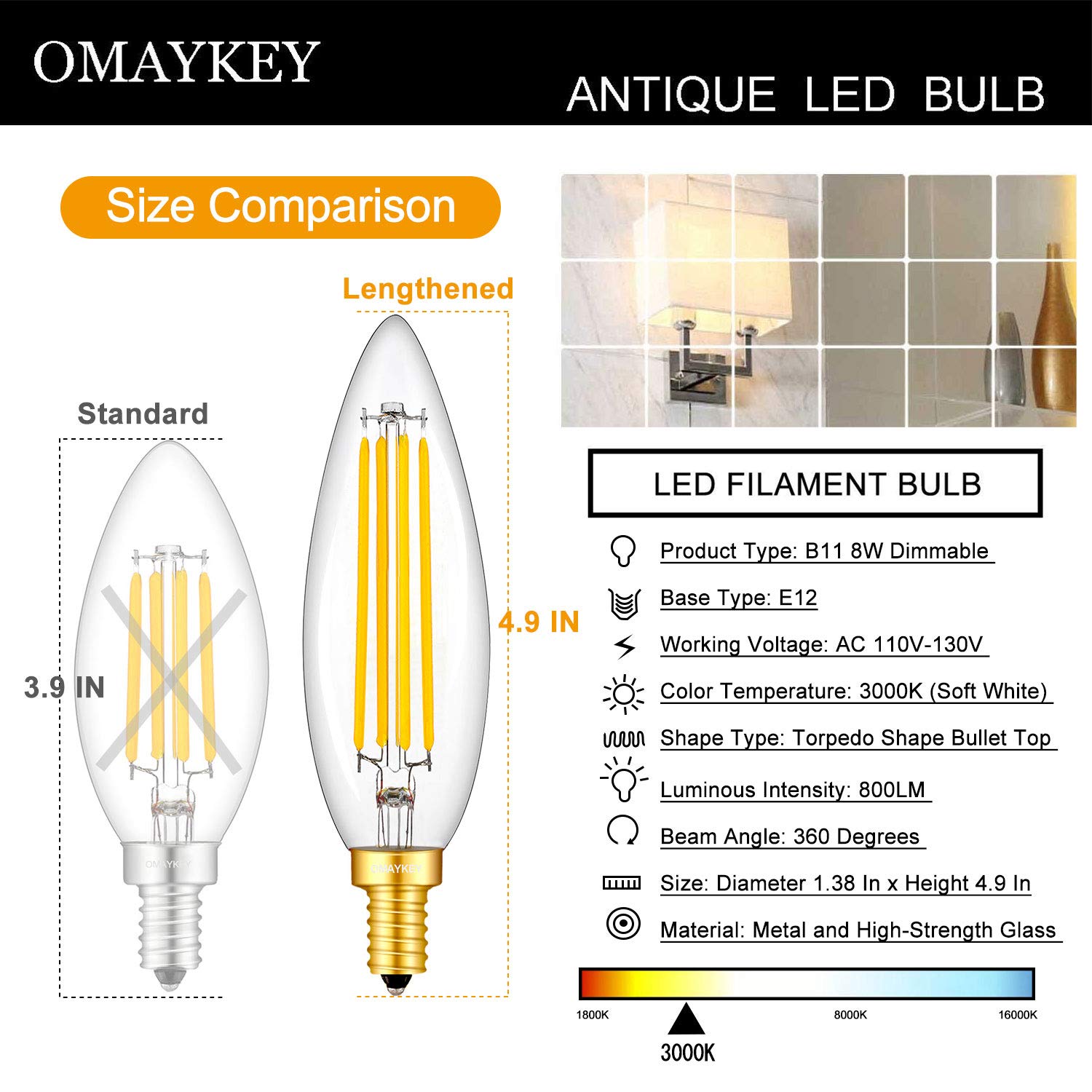 OMAYKEY 8W Lengthened LED Candelabra Bulb 3000K Soft White, 80W Equivalent 800LM Dimmable, E12 Base Vintage Edison B11 Lengthened Candle Clear Glass LED Chandelier Light Bulbs, Pack of 4