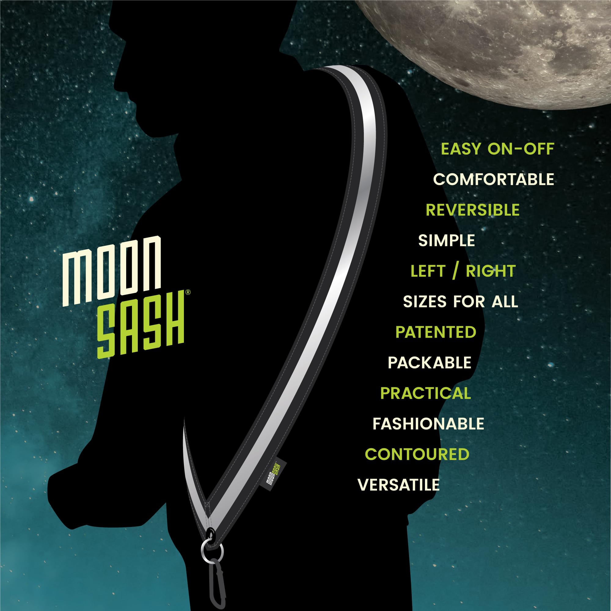 MOONSASH Fitted Reflective Gear for Walking at Night | Running, Biking, Dog Walking… Hi-Vis, Reversible & Comfortable Reflective Sash for Women, Men & Kids | US Patented | Best Replacement for Vest!