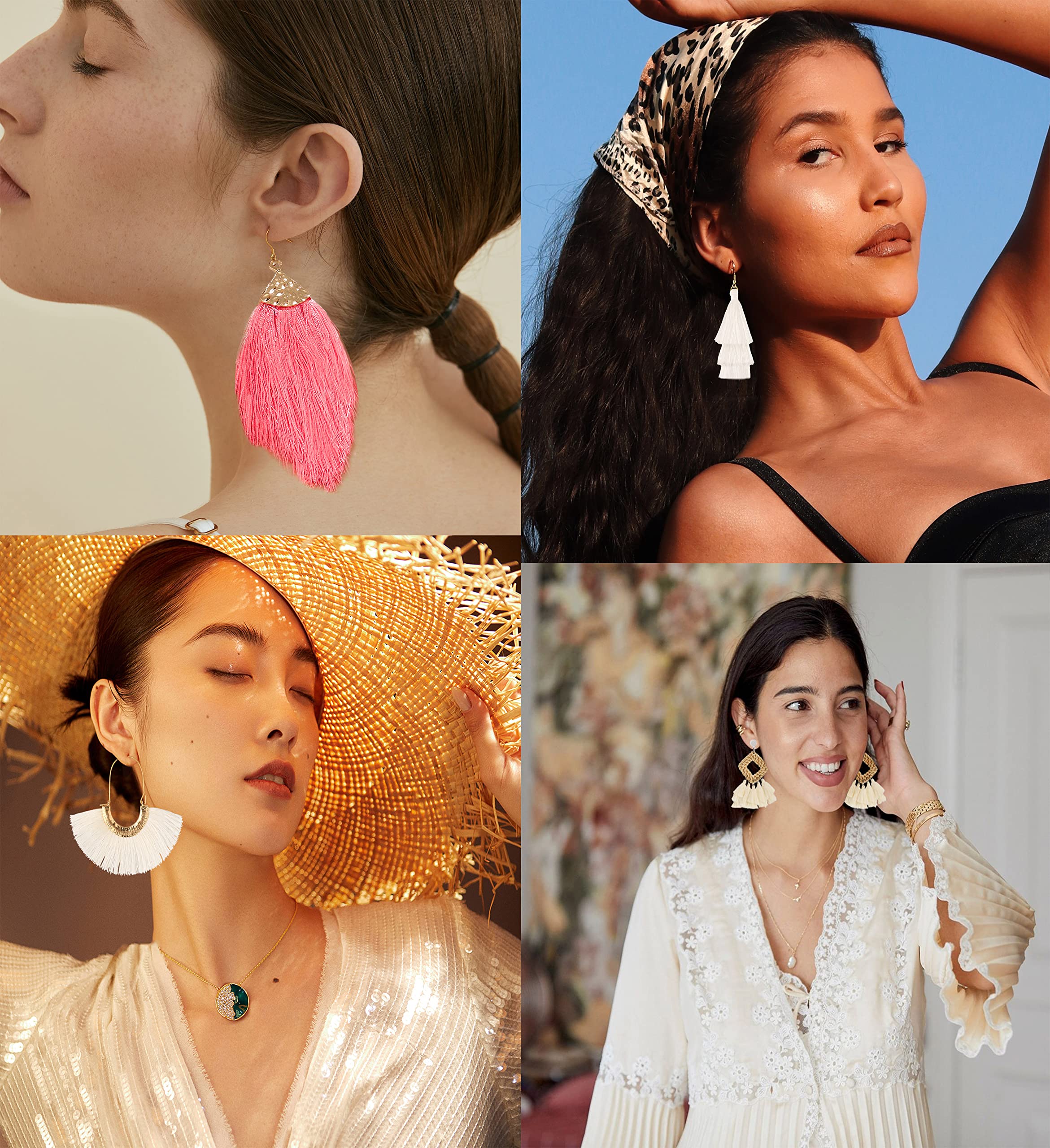 TOSGMY 9-12 Pairs Rattan Earrings for Women Handmade Boho Tassel Earrings Lightweight Acrylic Earrings Set (D)