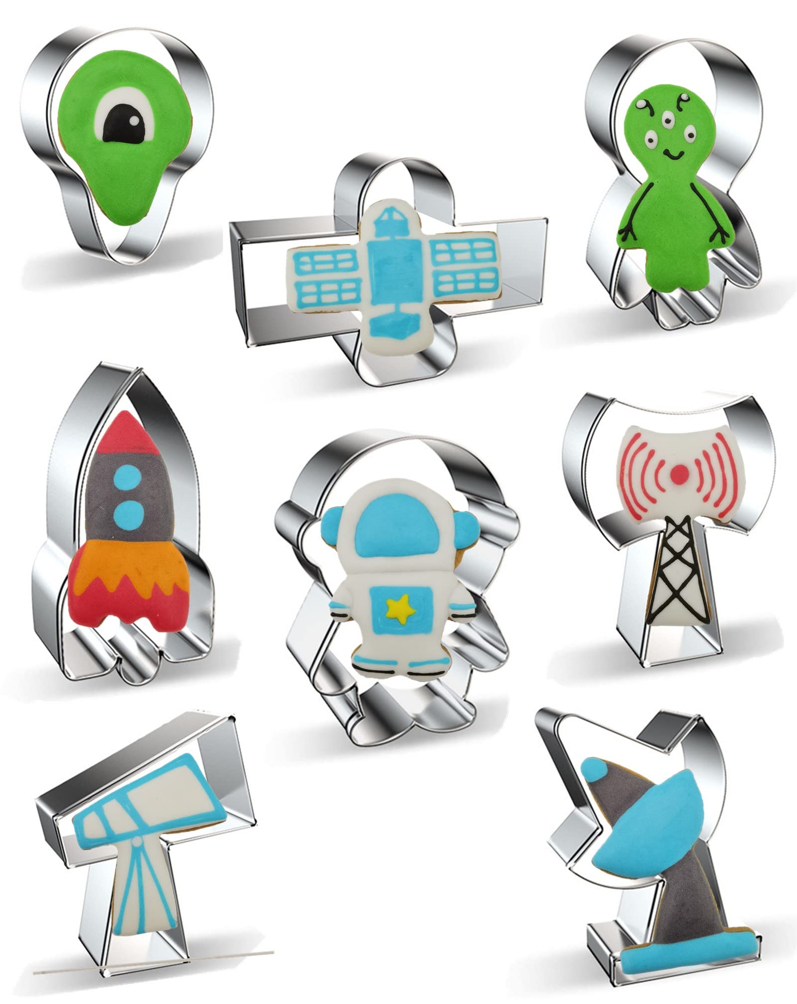 Space Alien Series Cookie Cutter Set of 8 pcs, Stainless Steel UFO Fondant Cutters Set Pastry Biscuit Baking Clay DIY Molds for Kids