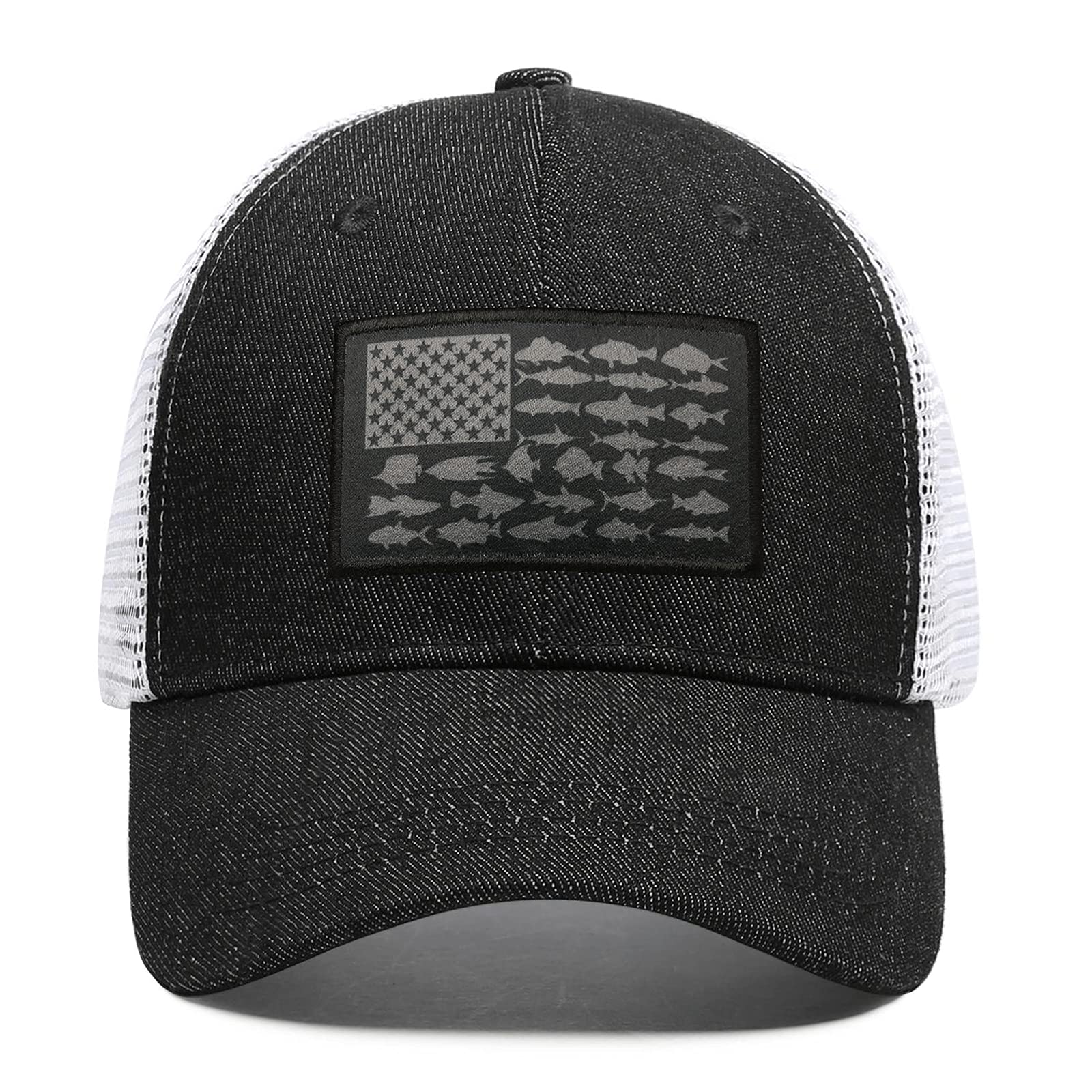 Thy Thou American Fish Flag Trucker Hats for Men Fishing Hat Adjustable Mesh Embroidered Baseball Cap for Mens Gift