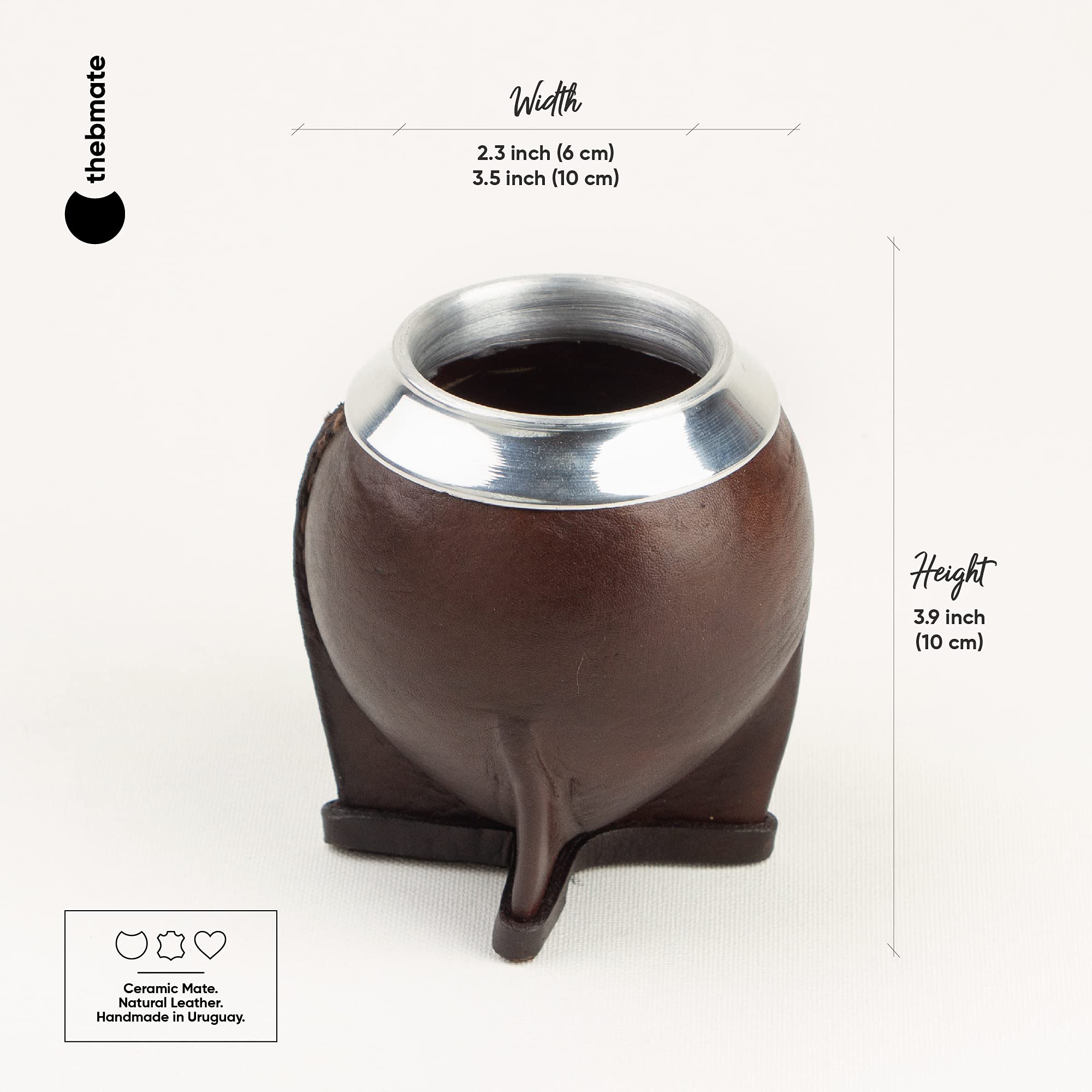 thebmate [Premium Yerba Mate Cup (Mate Gourd) - Crafted Ceramic Teacup β Dark Brown Leather Wrapped Handmade in Uruguay - Mate Torpedo - Torpedo Style