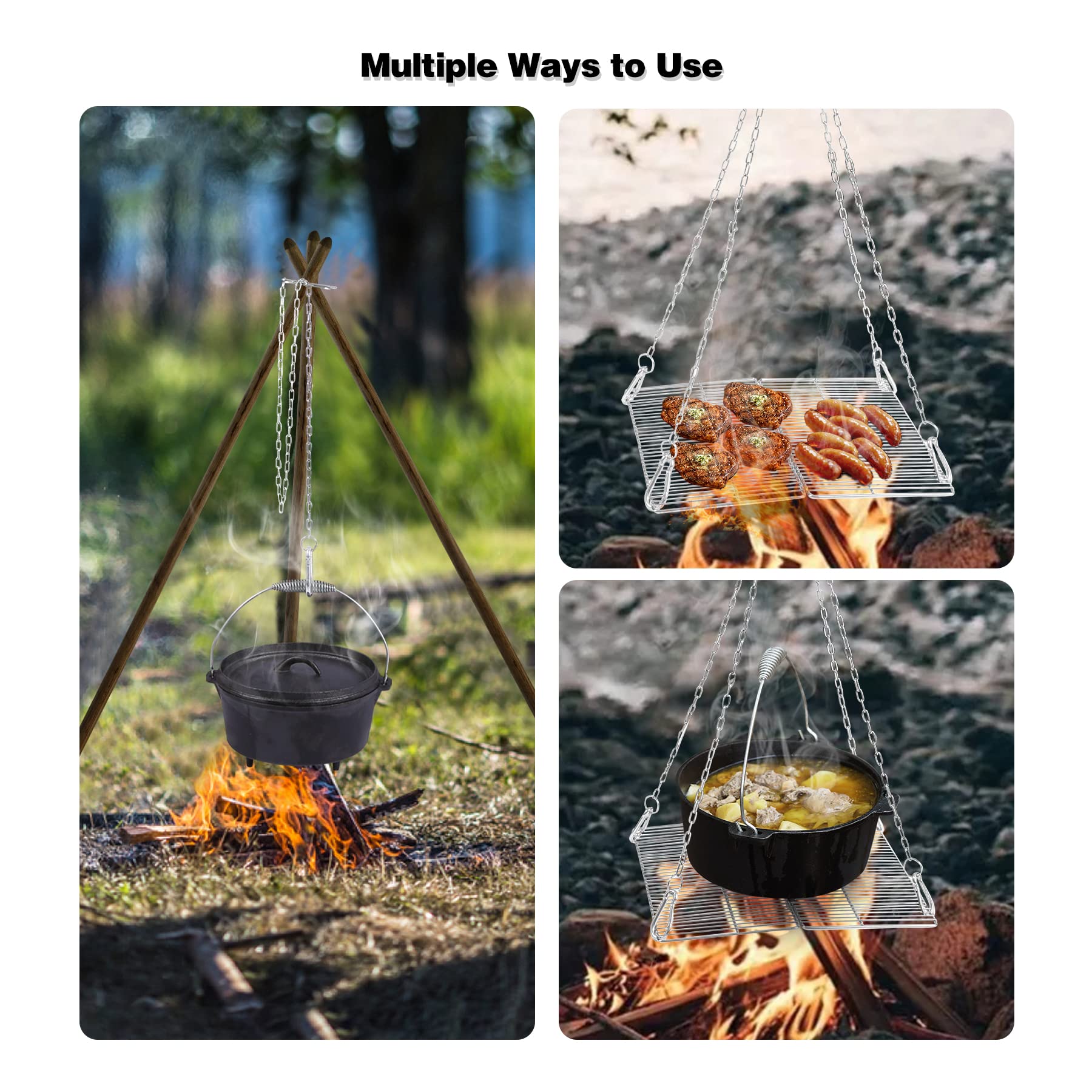 REDCAMP Camping Tripod Board with Grill Grate, Portable Campfire Accessories with Adjustable Chain for Outdoor Cooking