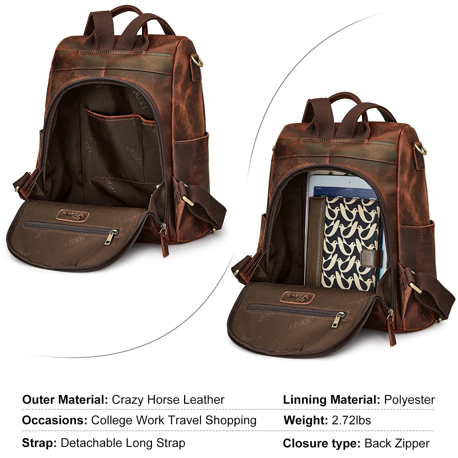 S-ZONE Women Vintage Genuine Leather Backpack Purse with Clutch Bag