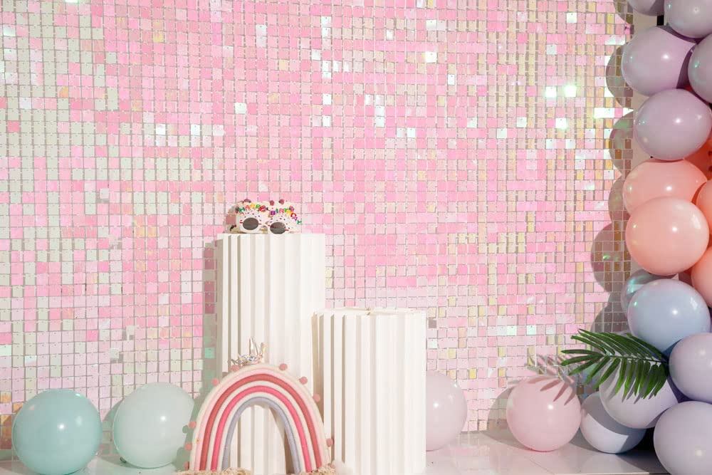 Shimmer Wall Backdrop Panels 24PCS Square Pink Sequin Shimmer Backdrop Decor for Wedding, Anniversary, Birthday Party Decoration.