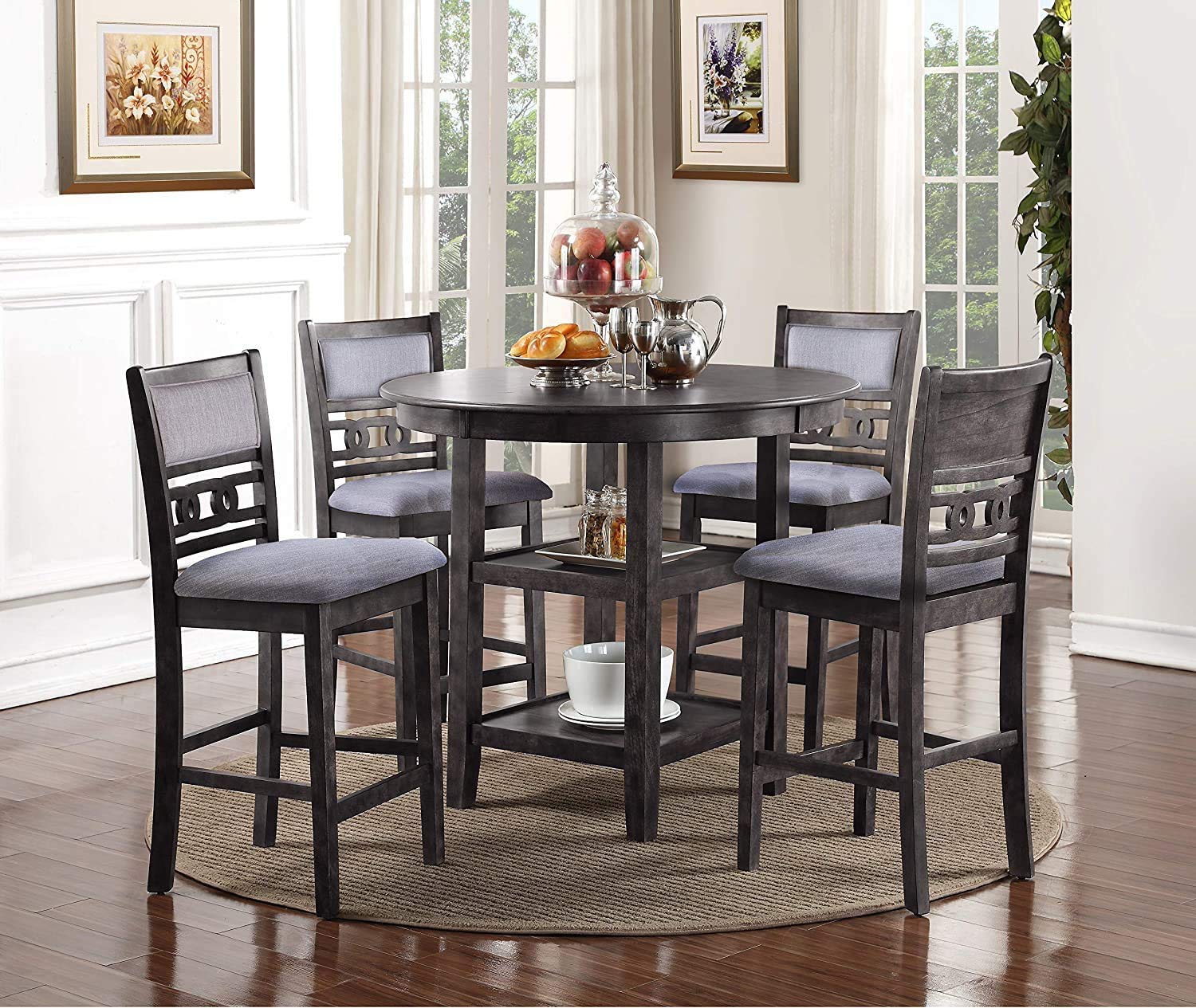 New Classic Furniture Gia 5-Piece Round Counter Height Dining Set with 1 Dining Table and 4 Chairs, 42.25", Gray
