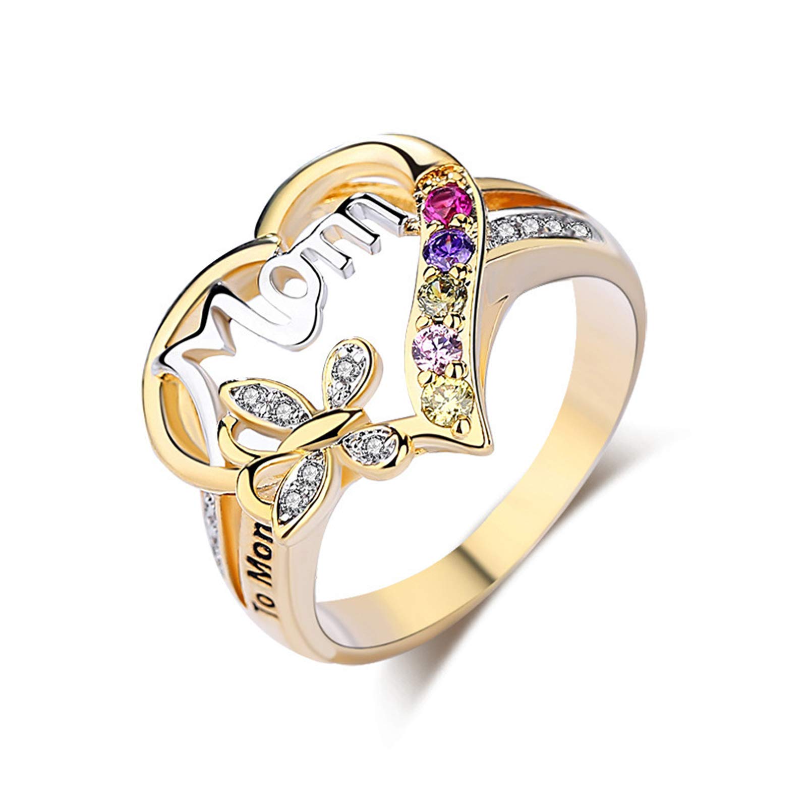 Mother's Day Ring Heart Shape Colorful Crystal Inlaid Butterfly Accessory Band Ring CZ Alphabet Charms Necklace Set Stackable Jewelry Gift-8