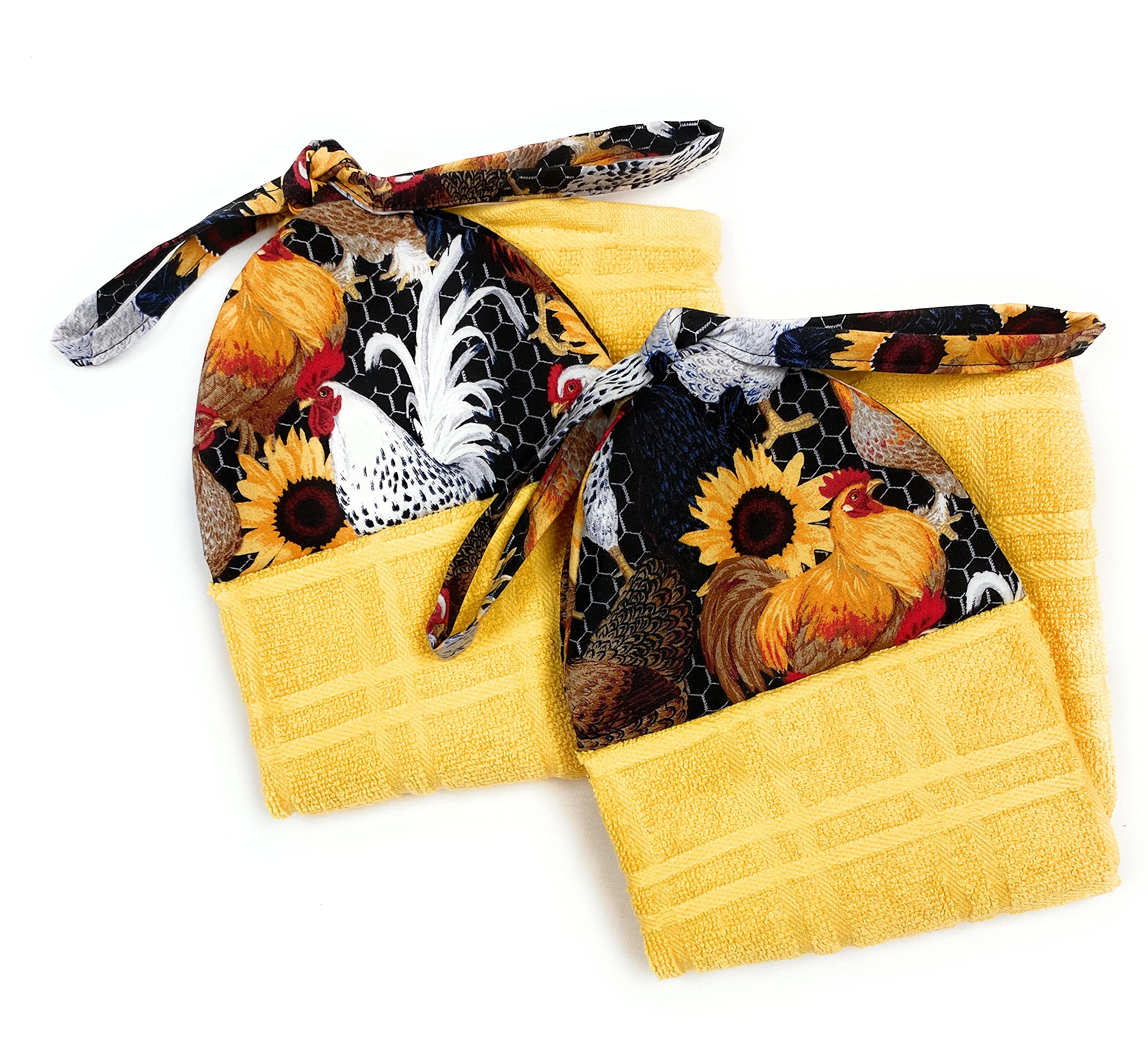 Set of 2 - Roosters Chickens and Sunflowers on Black Reversible Ties On Stays Put Yellow Kitchen Hanging Loop Hand Dish Towels